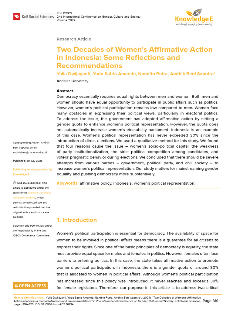 Two Decades of Women's Affirmative Action in Indonesia Some Reflections ...