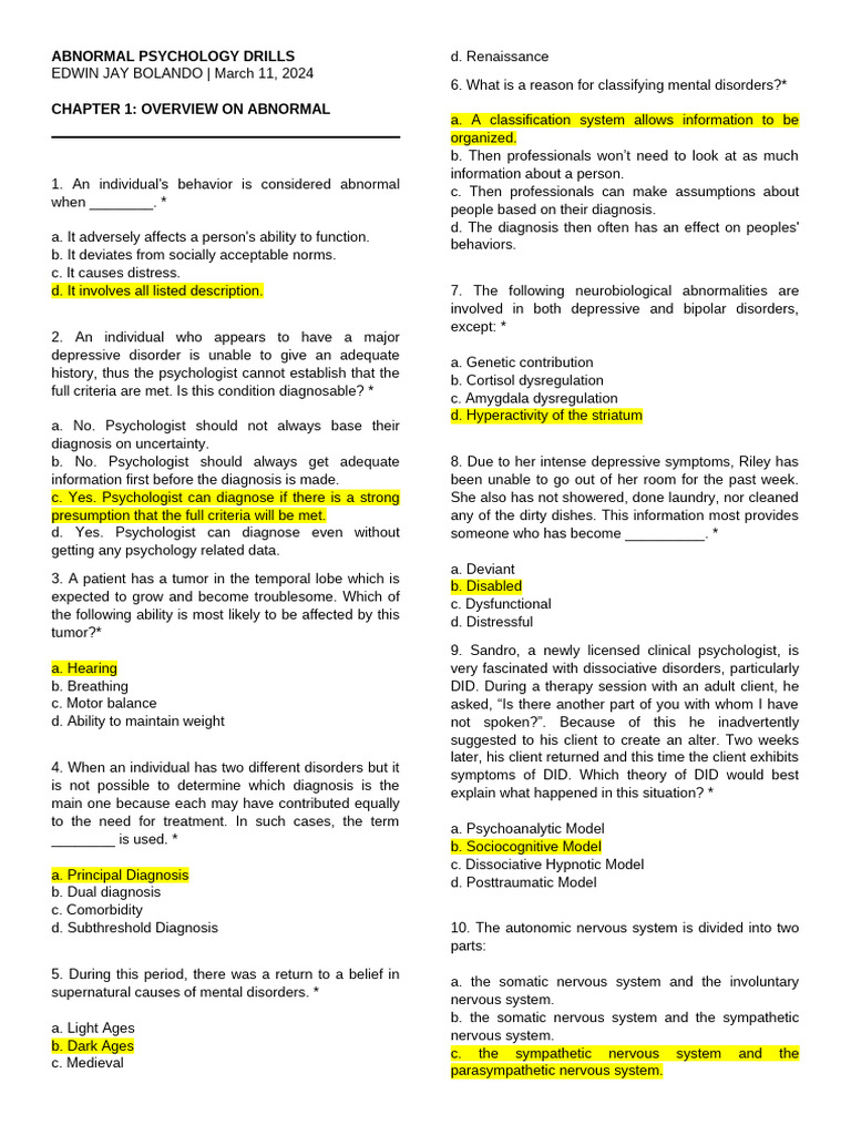 Abnormal Psychology Drill Questions | PDF | Mental Disorder ...