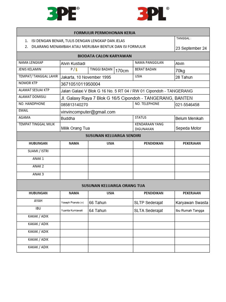 Biodata dan Lamaran Kerja Alvin Kustiadi | PDF