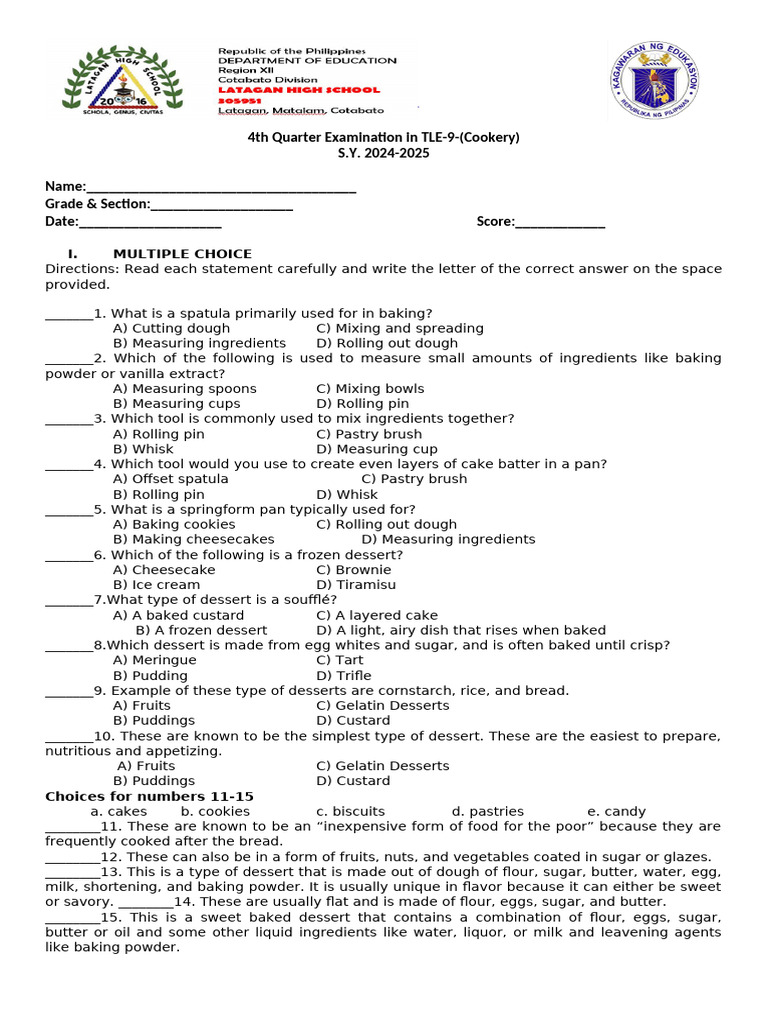 TLE-9 Cookery Quiz: 4th Quarter Exam | PDF | Custard | Desserts