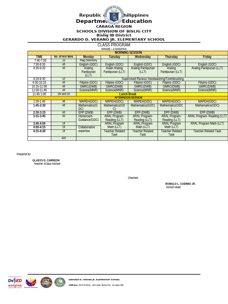 Grade 4 Class Schedule - Gerardo D. Verano Jr. Elementary School | PDF ...