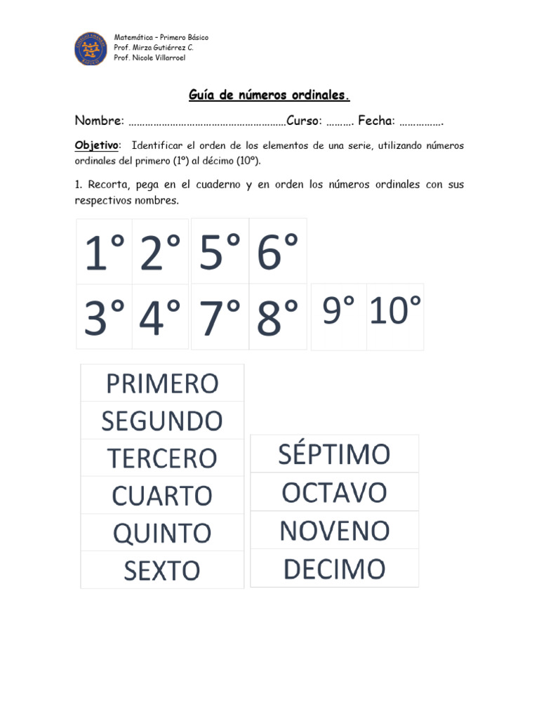 Actividades de Números Ordinales 1º Básico | PDF