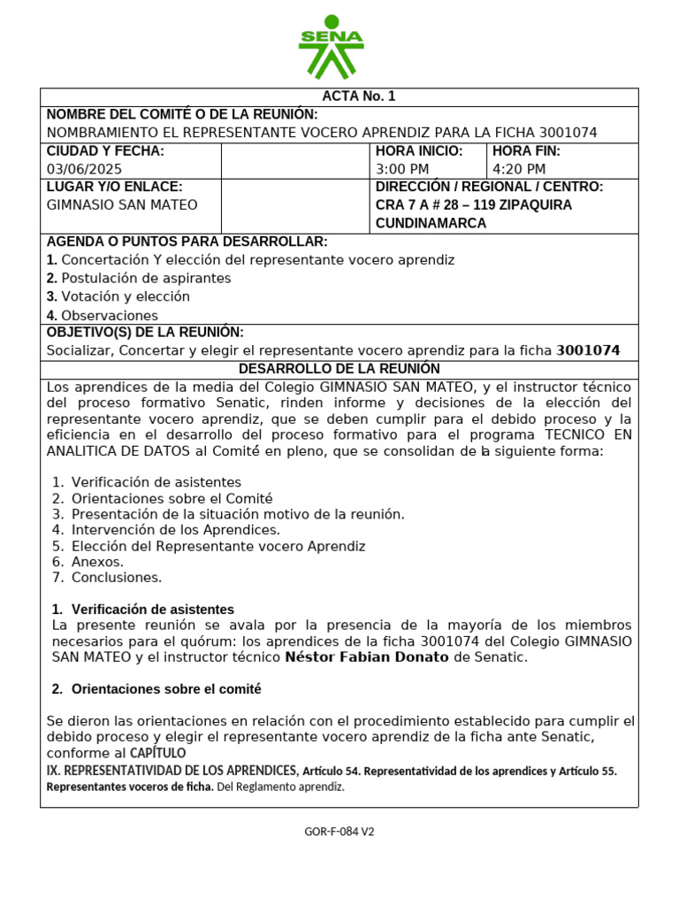 Gor-F-084 Formato de Acta v02 - Nombramiento Rep. Vocero Ficha 3025271 | PDF | Gobierno