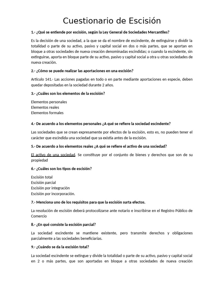 Cuestionario de Escisión | PDF | Sociedad de responsabilidad limitada | Sociedad