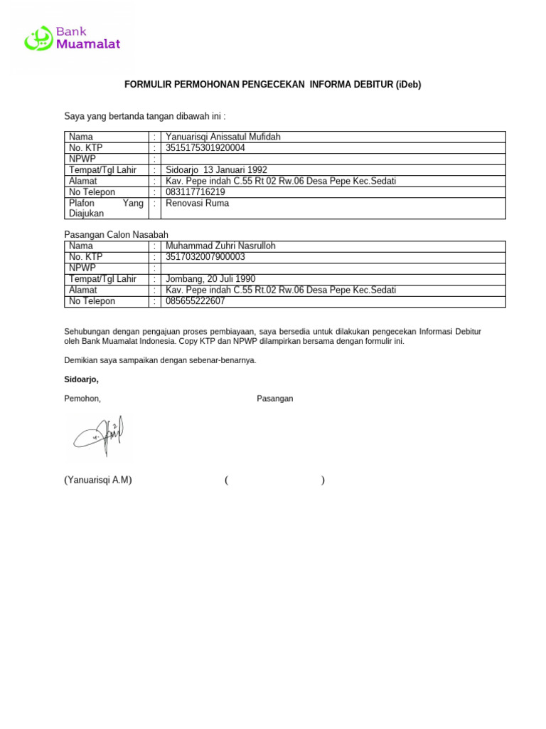 Permohonan Pengecekan Debitur iDeb | PDF