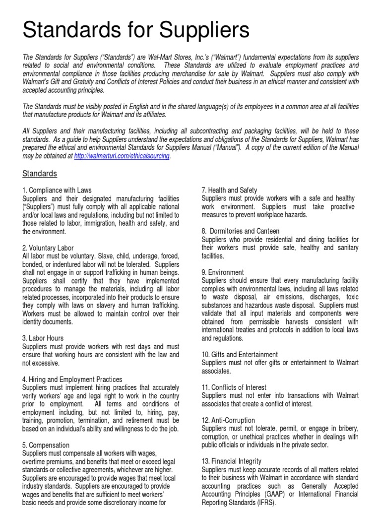 Walmart's Standards for Suppliers: Requirements for Ethical and ...