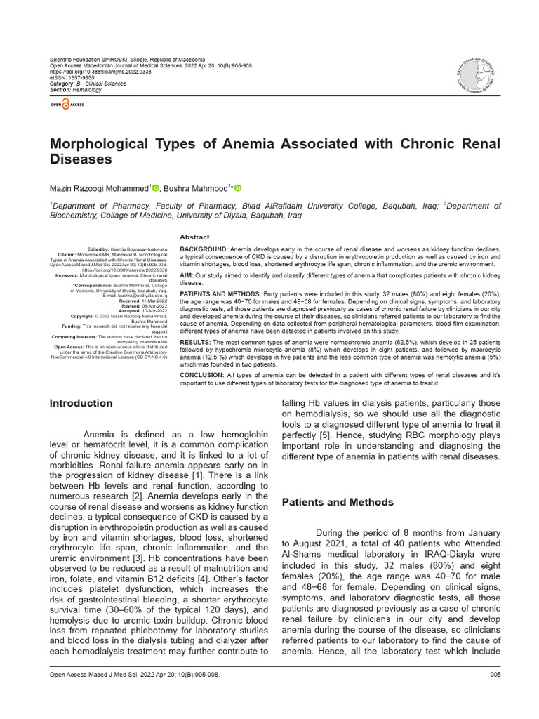 Morphological Types of Anemia Associated With Chronic Renal Diseases | PDF | Anemia | Chronic ...