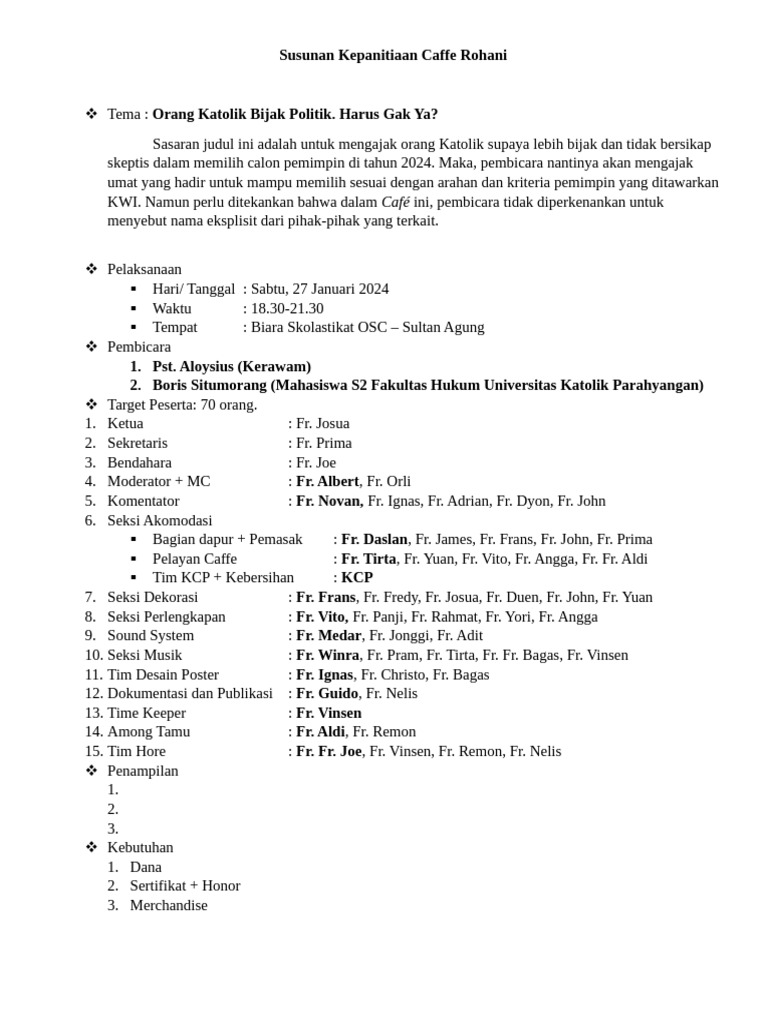 Susunan Kepanitiaan Caffe Rohani Utk Jan 2024 | PDF