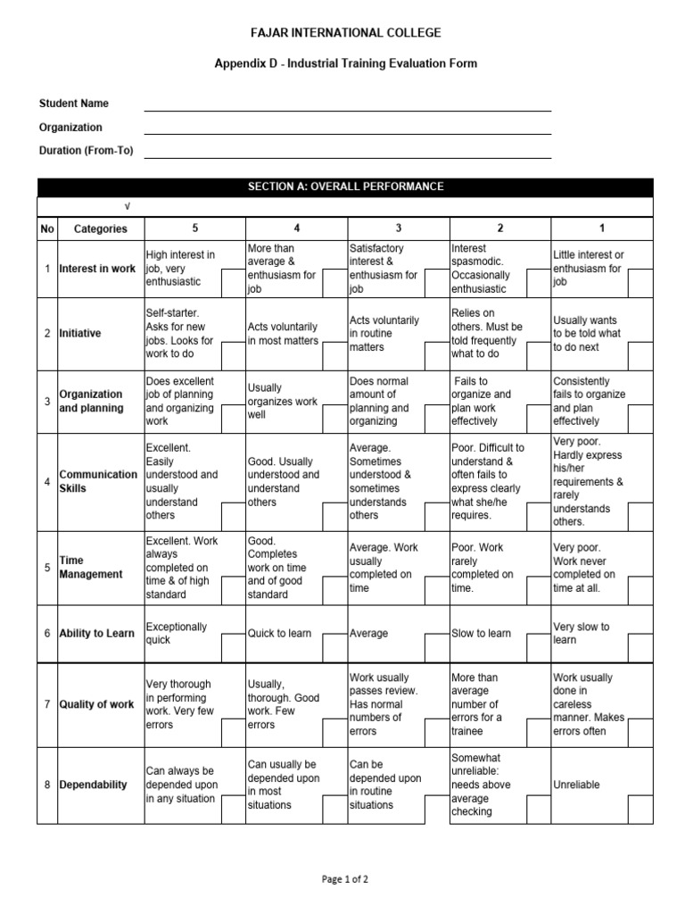 Appendix D - Industrial Training Evaluation Form | PDF | Cognition ...