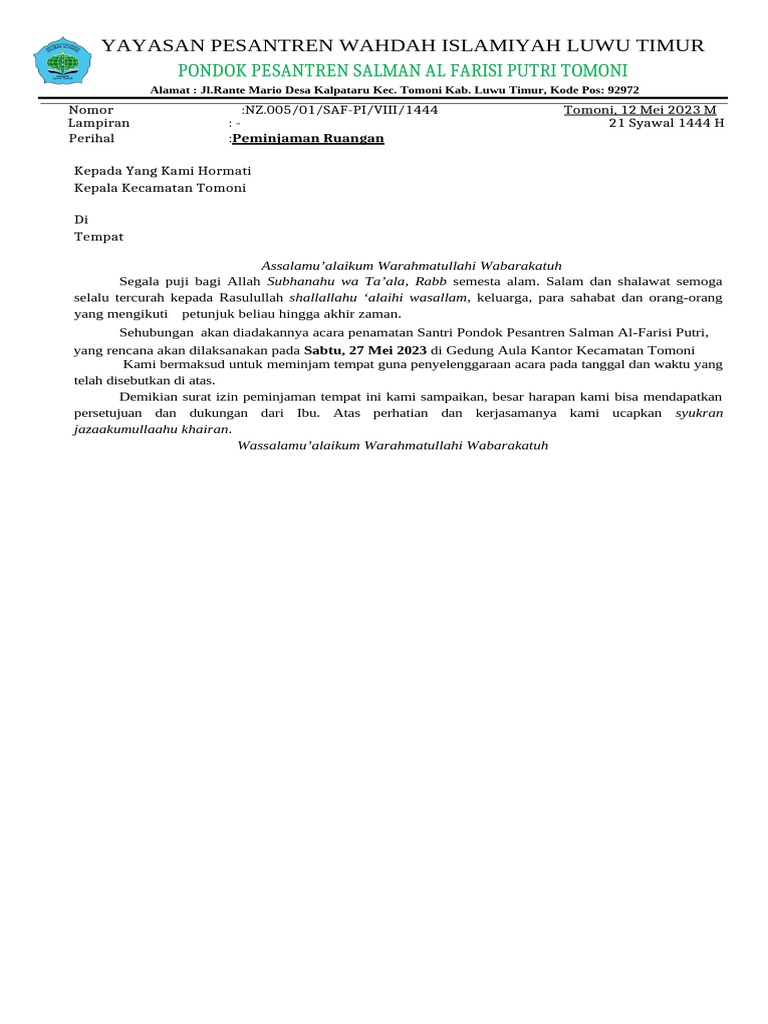 Surat Peminjaman Ruangan | PDF