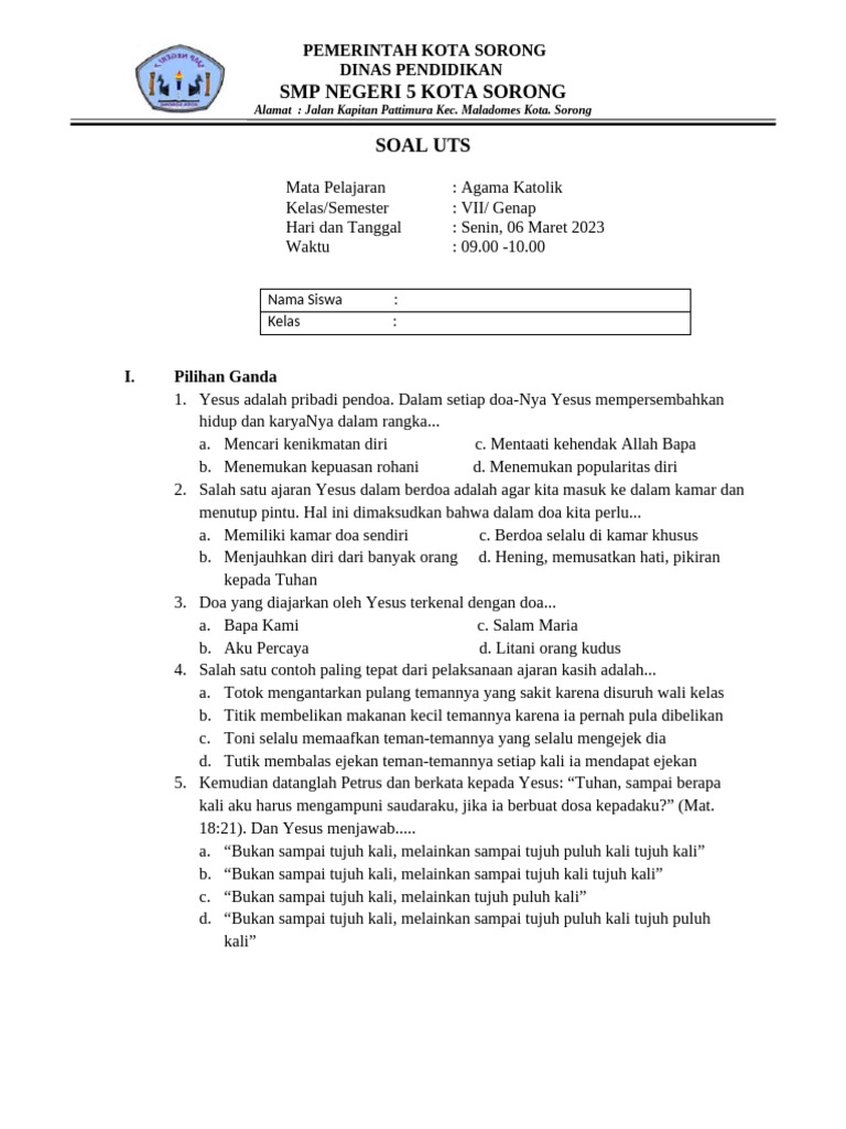 Soal PTS Genap Agama Katolik | PDF