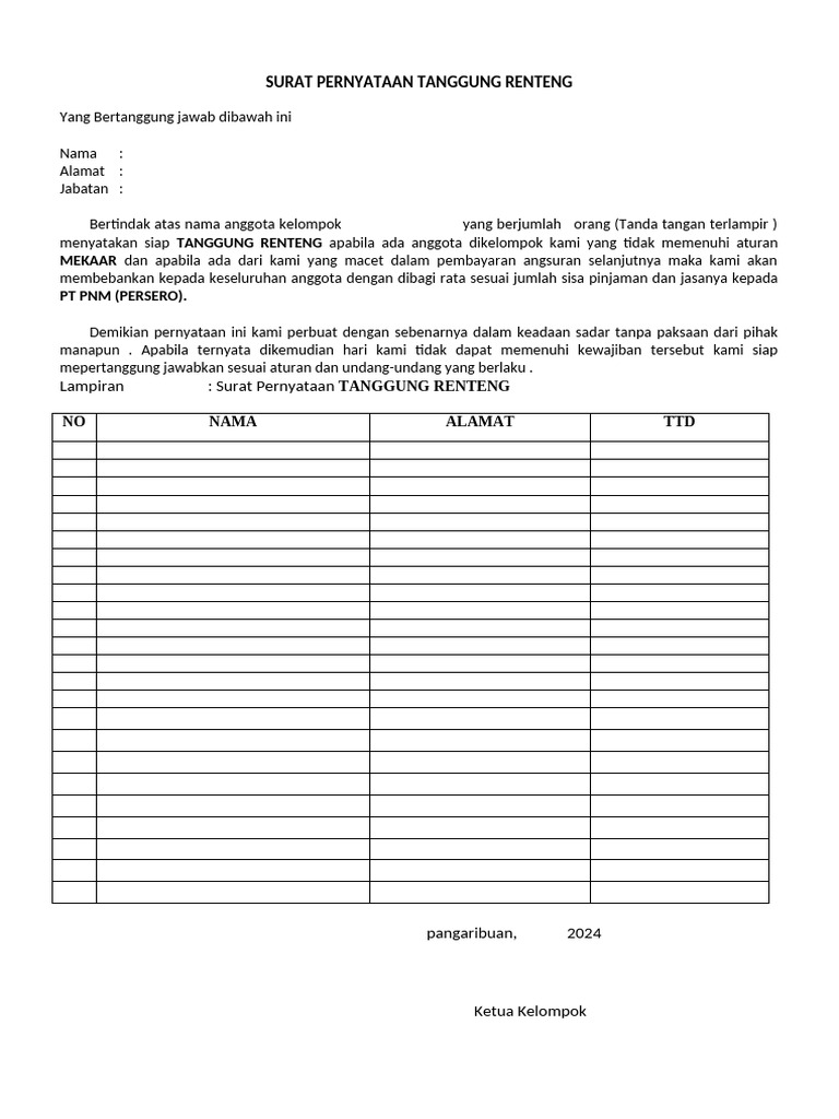 Surat Pernyataan Tanggung Renteng | PDF