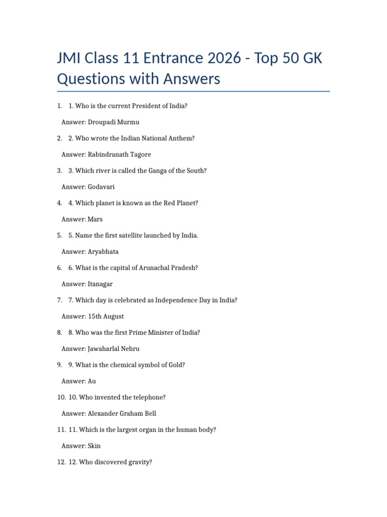 JMI Class 11 GK Questions 2026 | PDF