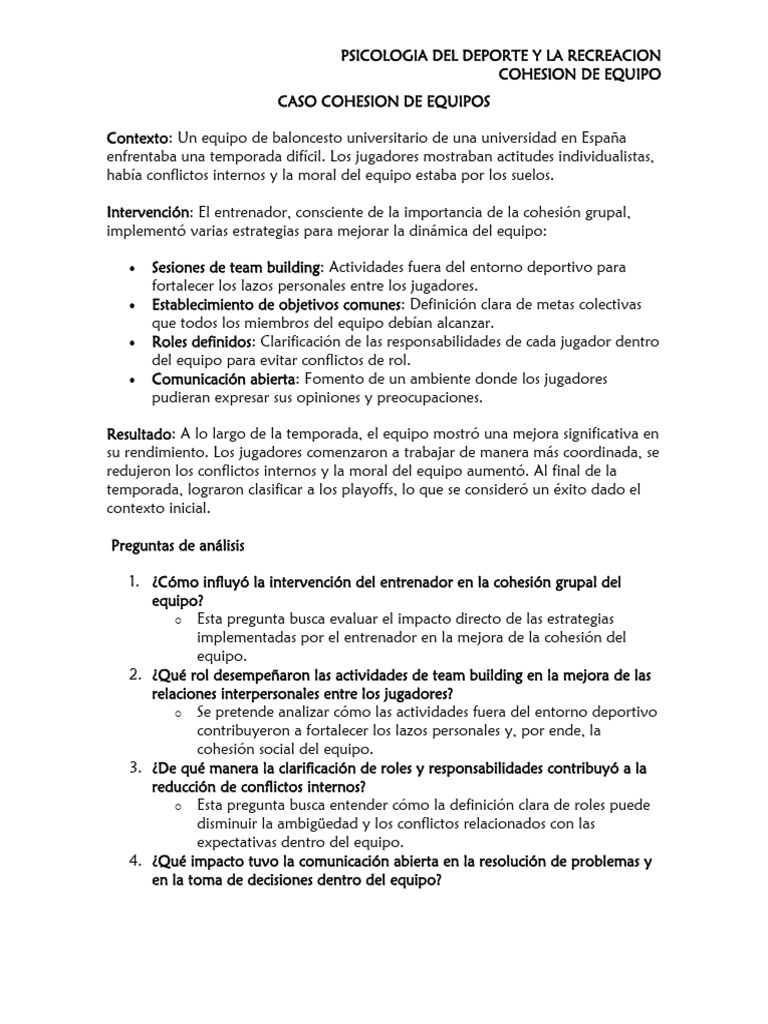 Caso Cohesion Grupal | PDF | Cohesión grupal | Team Building