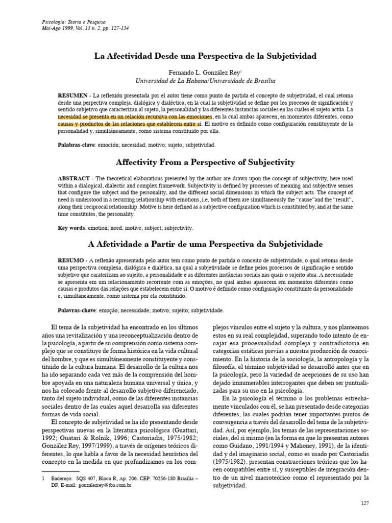 Afectividad y Subjetividad en Psicología | PDF | Las emociones | Sicología