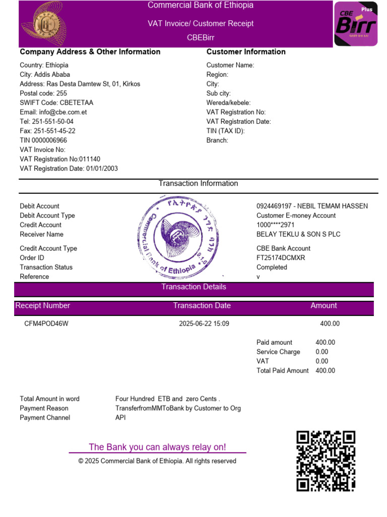 CBE VAT Invoice Receipt Template | PDF | Receipt | Value Added Tax