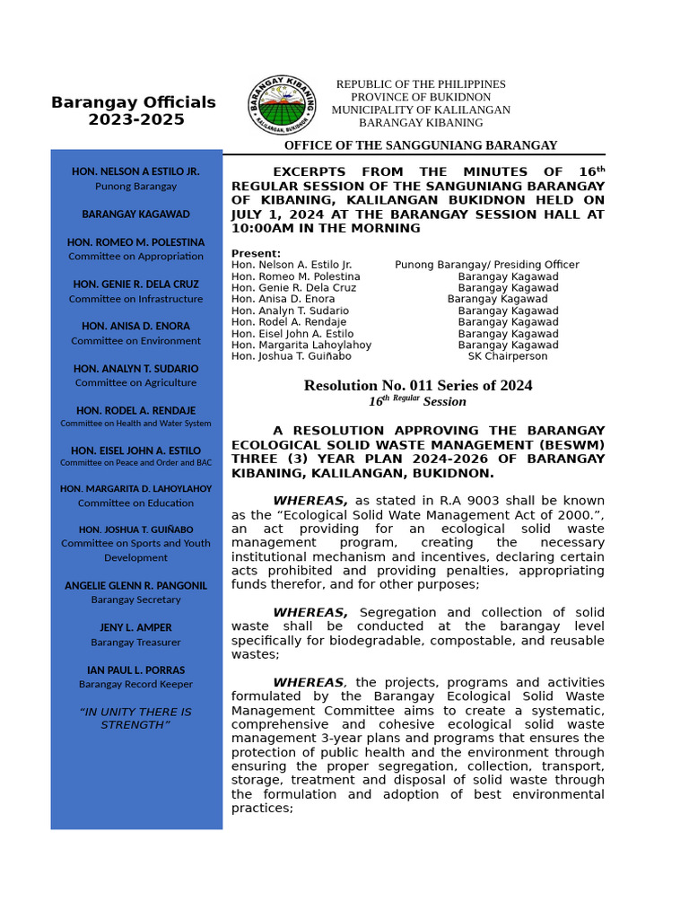 Reso Adopting The Beswm 3 Year Plan | PDF | Pollution | Waste