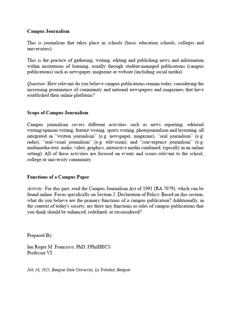 Campus Journalism Definition and Scope | PDF