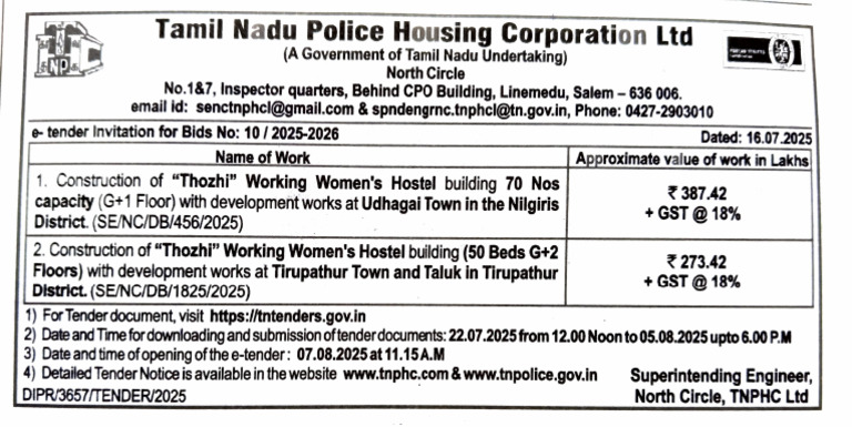 TNPHC E-Tender for Women's Hostels | PDF