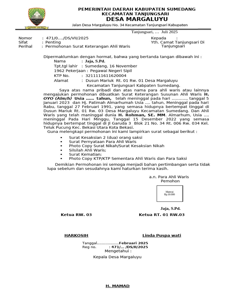 FORMULIR PERMOHONAN Keterangan Ahli Waris OYO Finish Oke | PDF