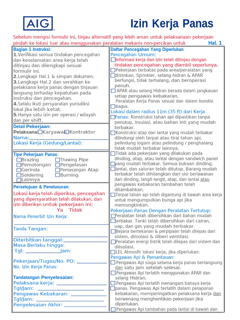 Hot Work Permit Id Aig | PDF