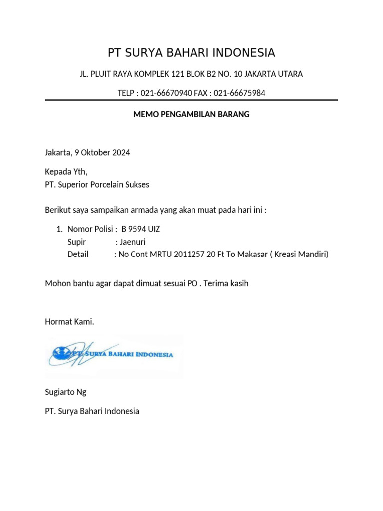 Memo Pengambilan Barang PT Surya Bahari | PDF