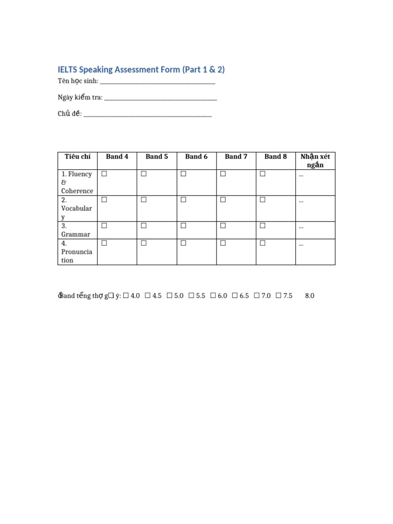 IELTS Speaking Assessment Form | PDF