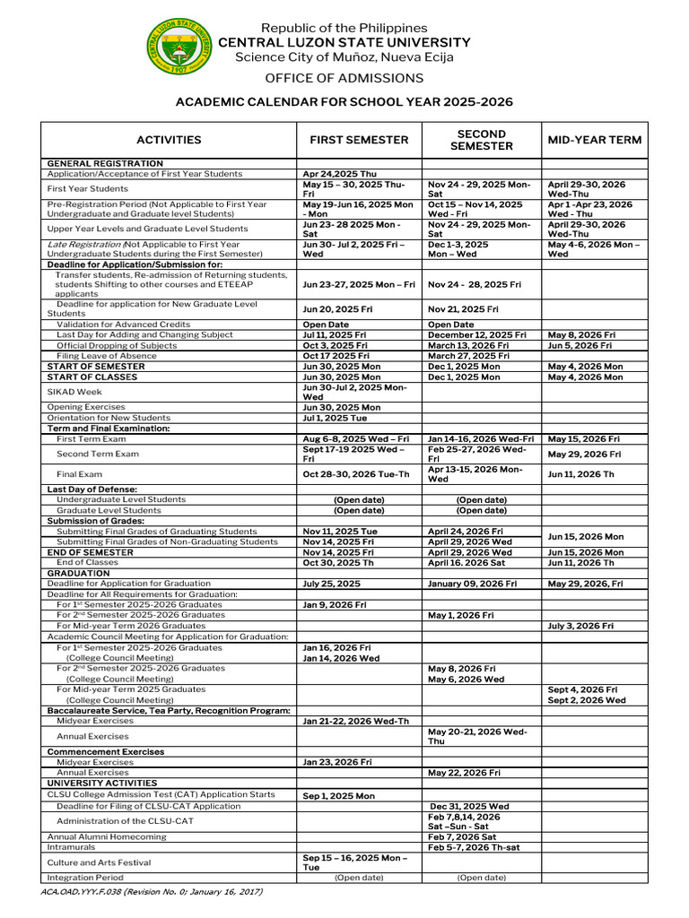 CLSU Academic Calendar 2025-2026 | PDF | Academia | Higher Education