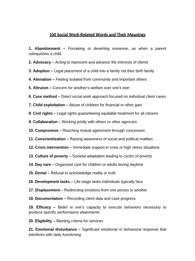 100 Social Work Words Formatted | PDF | Liberal Arts Education | Mental ...