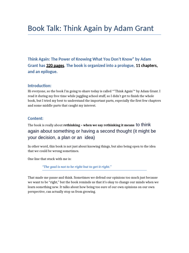 Book Talk Think Again by Adam Grant | PDF | Thought | Mind