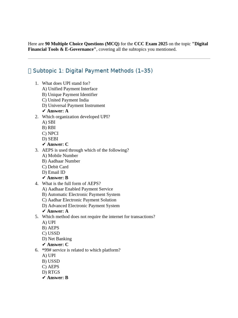 CCC Exam 2025: Digital Financial Tools MCQs | PDF | Banking Technology ...