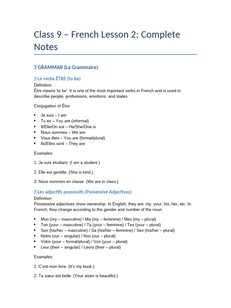 Class 9 French Lesson 2 Notes | PDF | Grammatical Gender | Plural