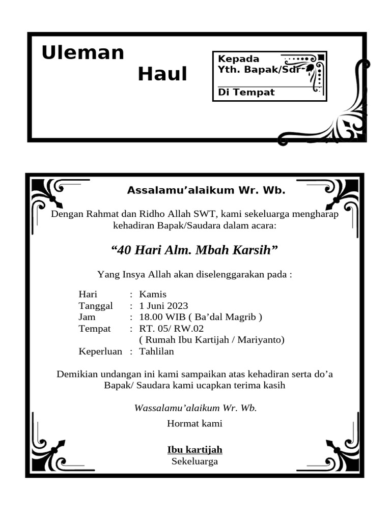 Undangan Haul 40 Hari Alm. Mbah Karsih | PDF
