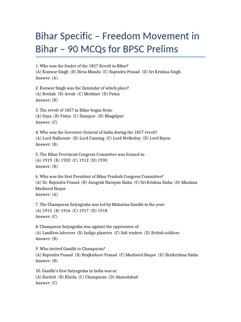 Freedom Movement Bihar BPSC 90 MCQs Complete | PDF | British India | Politics Of India