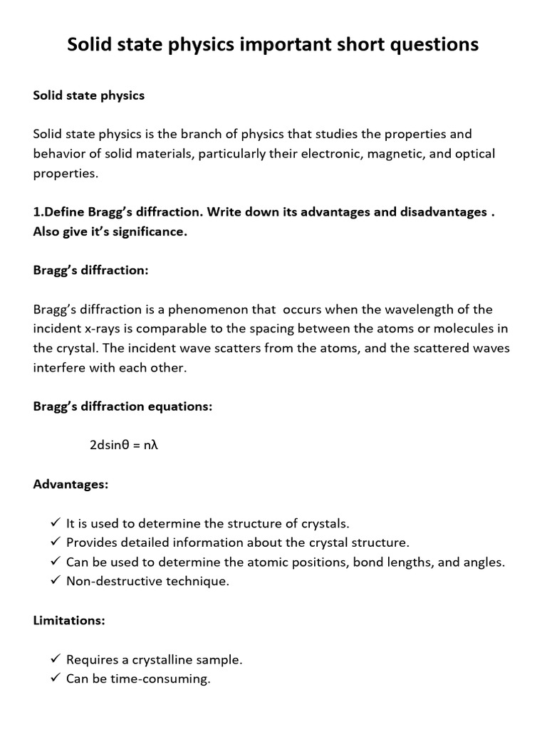 SSP Important Short Questions | PDF | Phonon | Chemical Bond