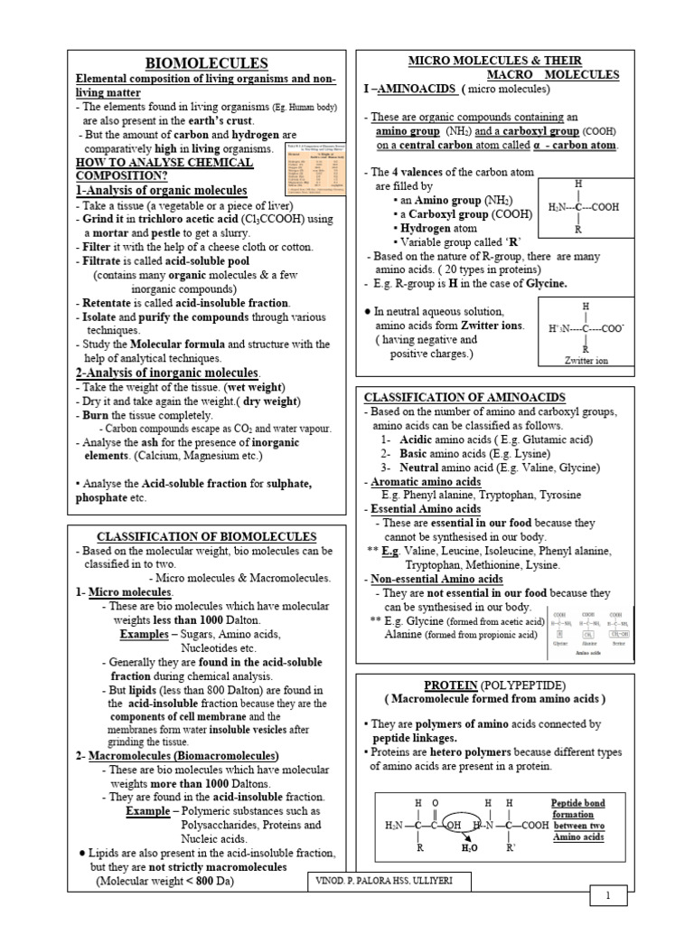 04 BIOMOLECULES 2023 - Note - Vinod | PDF | Amino Acid | Macromolecules