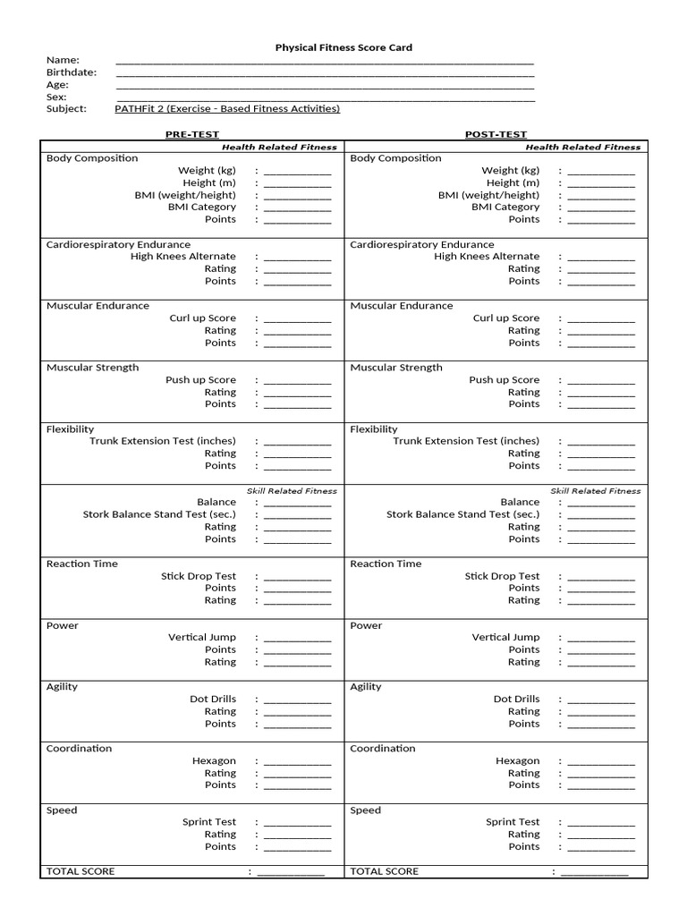 Physical Fitness Score Card Template | PDF | Physical Fitness | Body ...