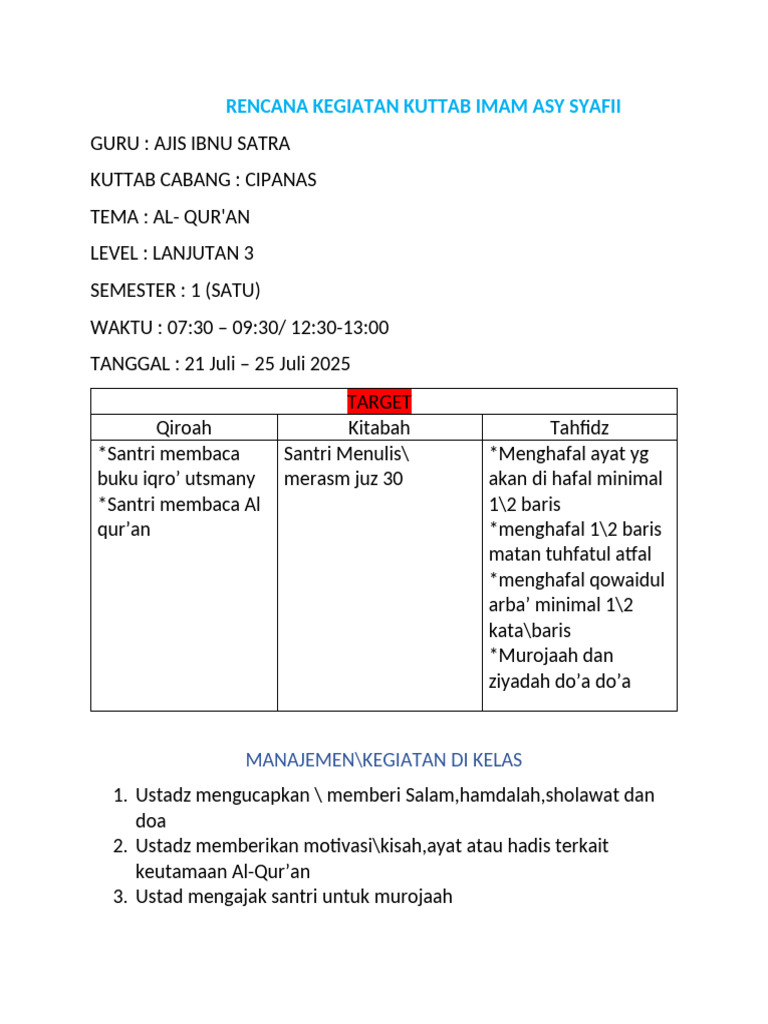 RKK Bulan Juli Dan Agustus Kuttab Lanjutan 3 Cipanas | PDF