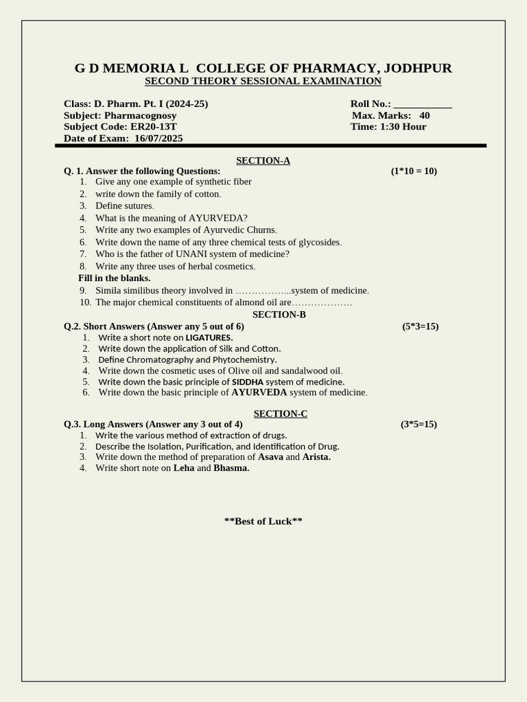 Second Sessional Exam Diploma | PDF | Ayurveda