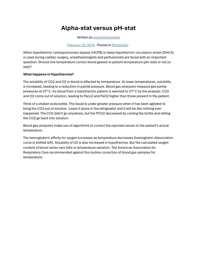 Alfa-Stat Vs pH-Stat Anesthesia News 2015 | PDF | Hypothermia | Ph