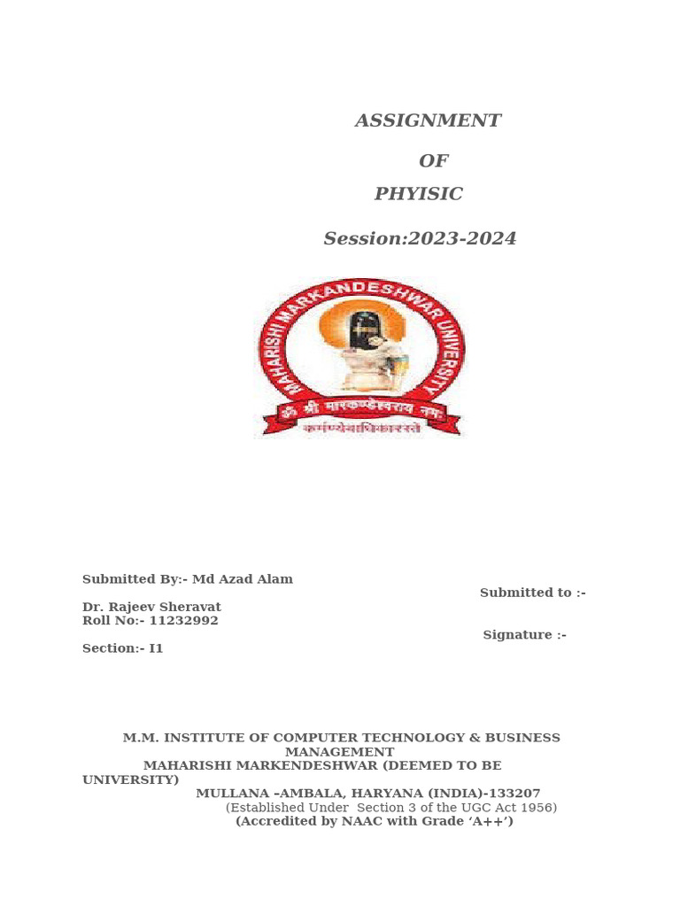 Physics Assignment 2023-2024 | PDF