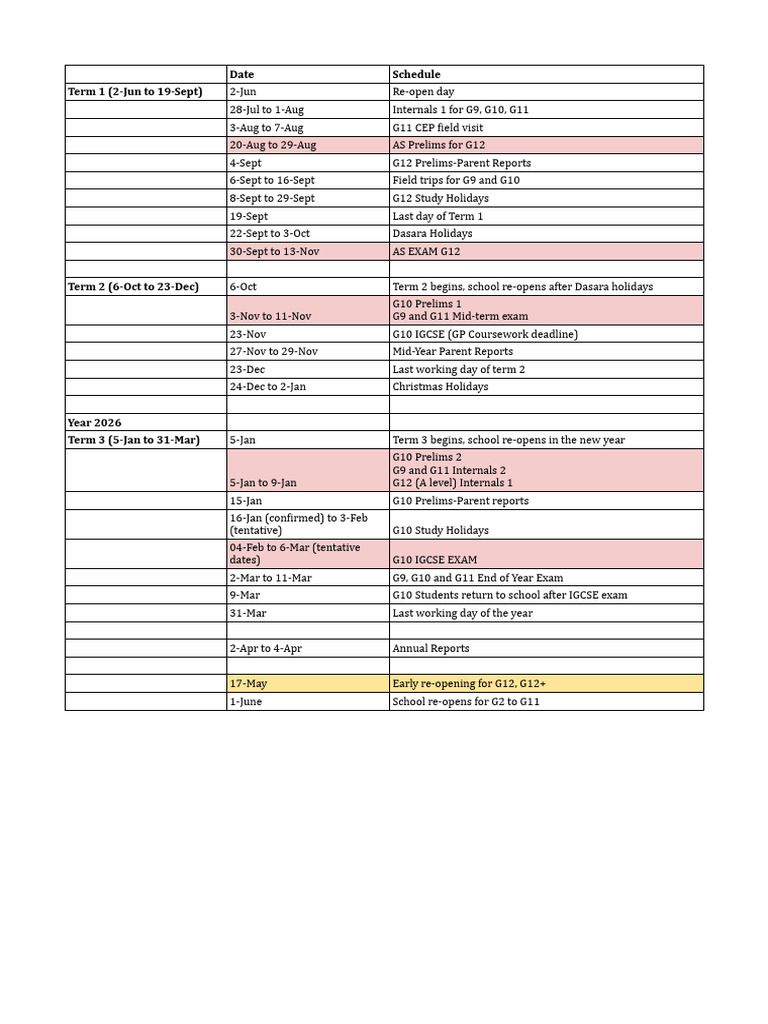 HS Academic Calendar 2025-26 Overview | PDF