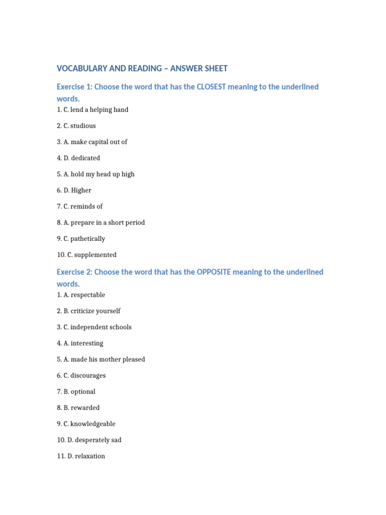Vocabulary and Reading Answer Sheet | PDF