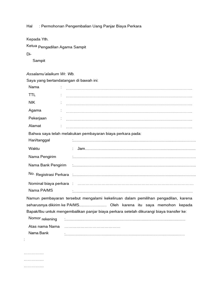 Permohonan Pengembalian Uang Panjar Perkara | PDF