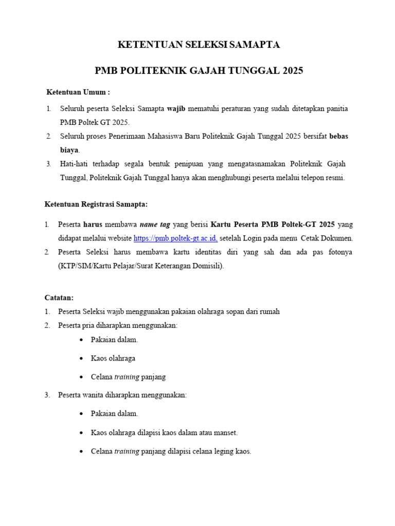 Ketentuan Seleksi PMB Poltek GT 2025 | PDF