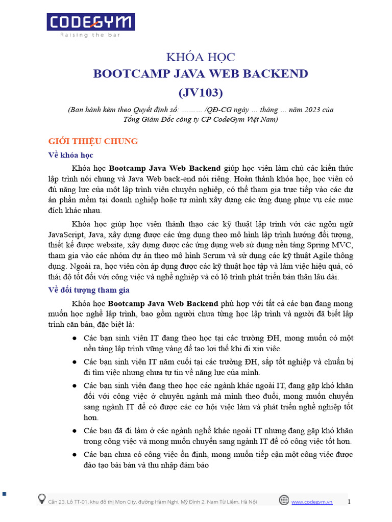 (JV103) Product Note - Bootcamp Java Web Backend (2024) | PDF