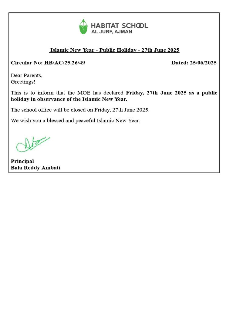 Circular 49 - Islamic New Year - Public Holiday - 27th June 2025 | PDF