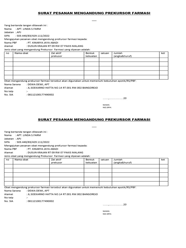 Surat Pesanan Mengandung Prekursor Farmasi Dewa Dewi HND | PDF