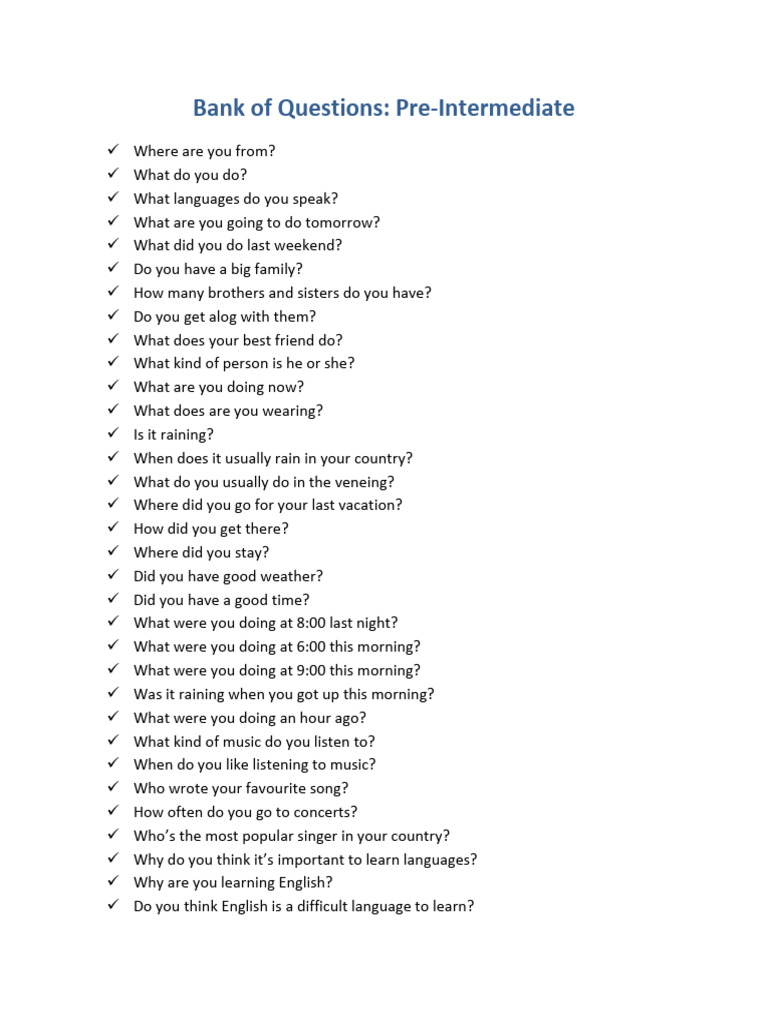 Bank of Questions Pre-Intermediate 3 | PDF