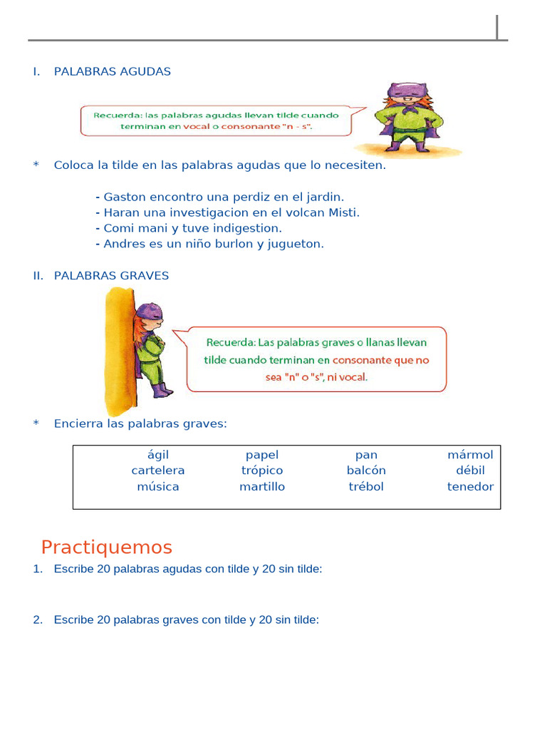 La Tilde en Palabras Agudas y Graves para Cuarto Grado de Primaria | PDF